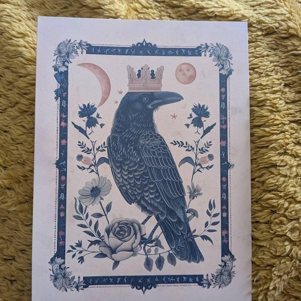 King Raven Norse Folk Art Poster Mystical Moon Illustration Flowery ...