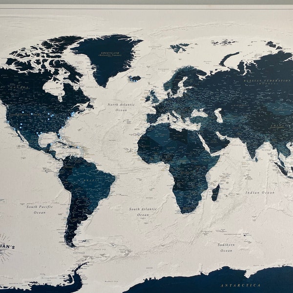 Personalized World Travel Map With Push Pins, Teal Blue Art of Places I ...