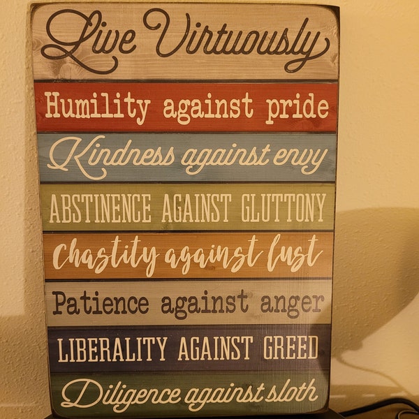 Seven Virtues Wood Sign 7 Virtues Catholic Decor Catechism Christian ...