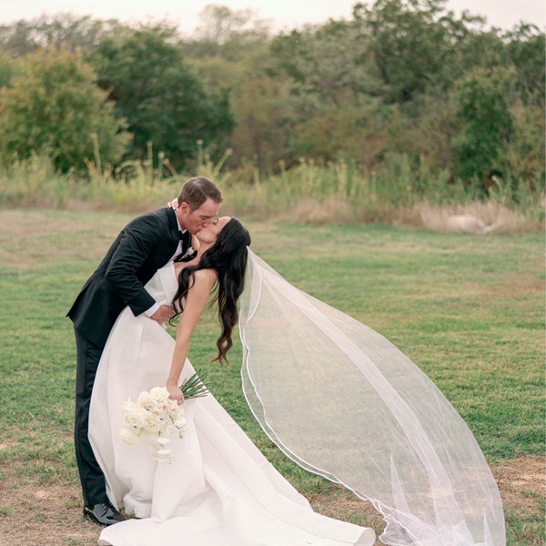 Waterfall Wedding Veil, Satin Trim Cascade Bridal Veil, Satin Ribbon ...