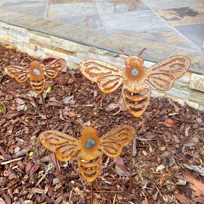 Set of 3 Raw Metal Ladybugs on 18 Inch Stems Home Decor Garden Art ...