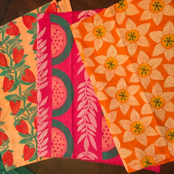 Marigold Tea Towel - Green and Yellow Kitchen Towel - Hand Block ...