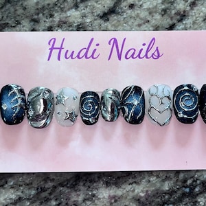 Stunning Acubi-style Nails Deep Blue Ombre Press on Nails Sparkling ...