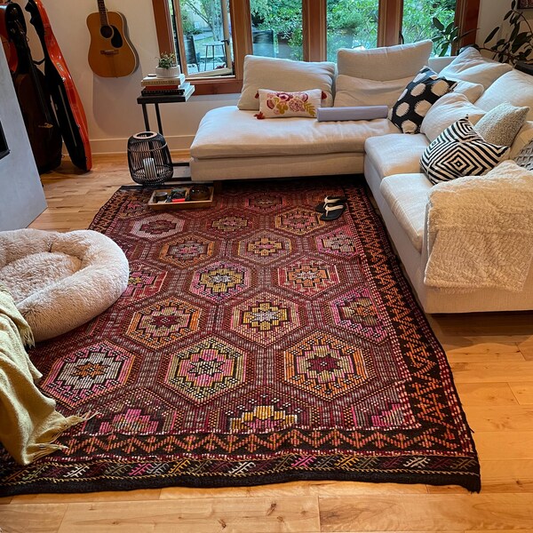 Vintage Kilim, Turkish Kilim, Large Kilim, Embroidered Oushak Kilim ...