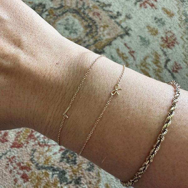 14k Mini Bow Bracelet | Dainty Ribbon Bow Bracelet in 14k Gold | Petite Tiny Bow Cute Bracelet ...