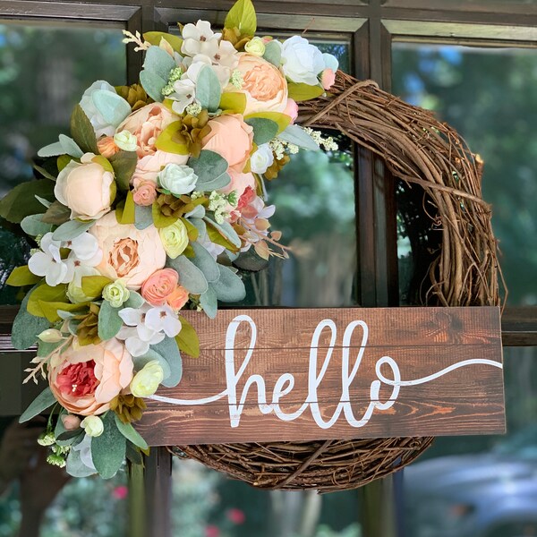 Hello Wreath, Wreaths for Front Door, Peony, Peonies, Lambs Ear, Summer ...