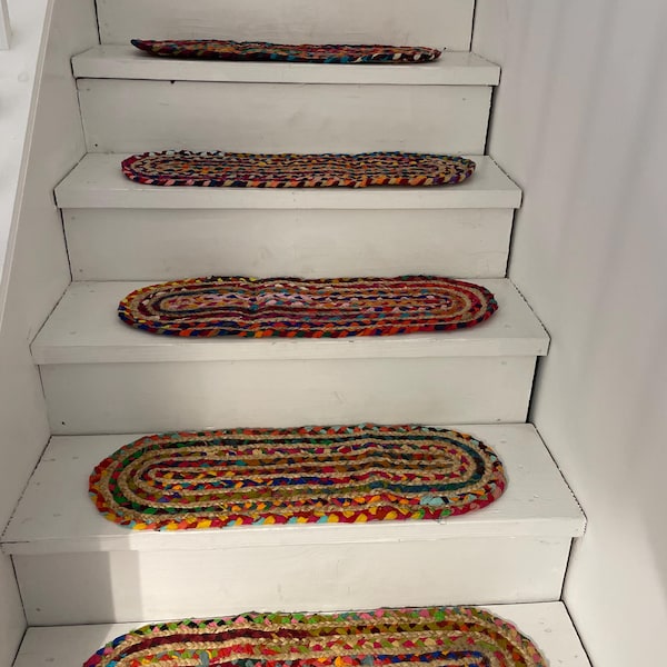 Oval Jute Stair Steps, Hand Braided Chindi Jute Rug, Stair Treads ...
