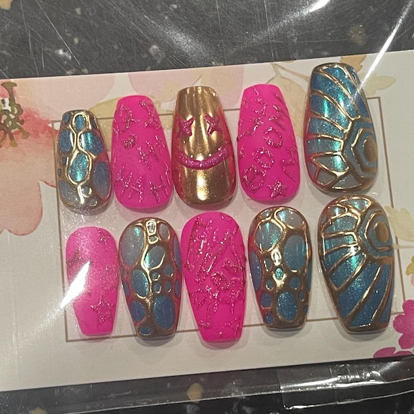 Jinx Arcane Inspired Press-on Nails Hand Painted Hextech Graffiti Gel ...