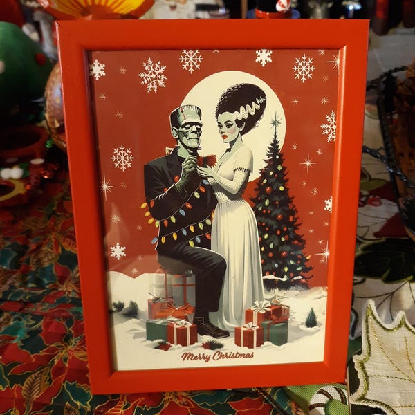 Frankenstein and Bride Christmas Card, Frankenstein's Monster Holiday ...