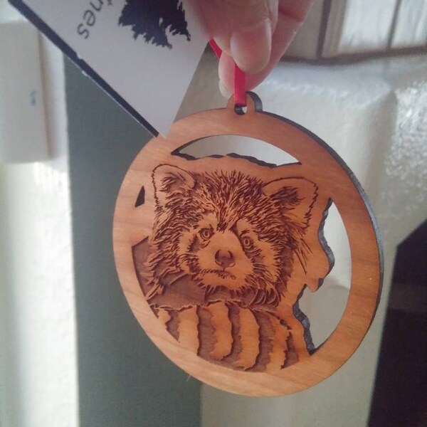 Red Panda Face Ornament - Lesser Panda Engraved Black Cherry Wood ...