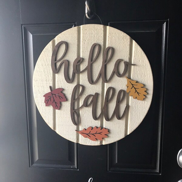 Hello Fall Door Sign, Fall Door Hanger, Autumn Fall Leaves, Rustic Wood ...