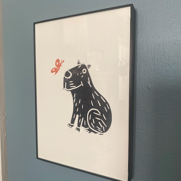 Happy Capybara Print-small Linocut - Etsy