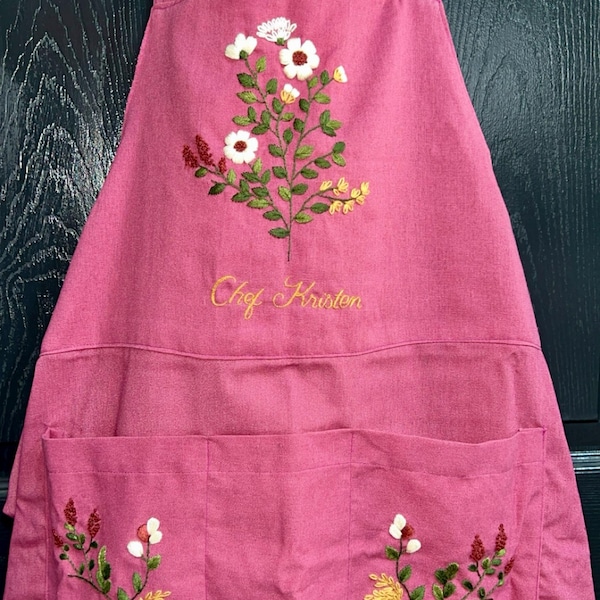 Natural Embroidered Floral Apron, Personalized Hand Embroidered Apron, Kitchen, Cooking, Florist ...