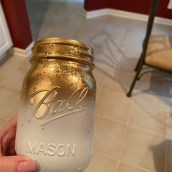 3 Navy and Gold Mason Jars/ Ombre Mason Jars/ Gold Mason Jars/ 3 Mason ...