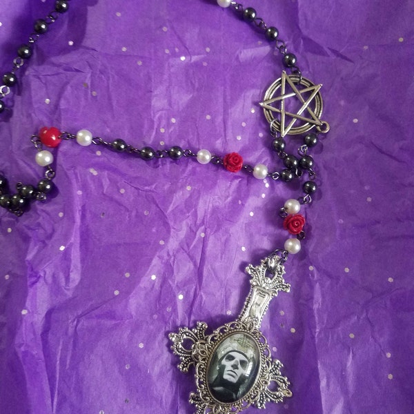 Portrait Pendant Inverted Cross Hematite and Rose Beads Rosary - Etsy