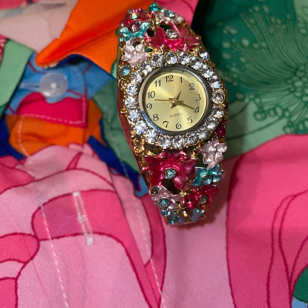 Enamel Flower Cuff Watch, Rhinestone Gold Tone Bracelet. Chick Listing ...