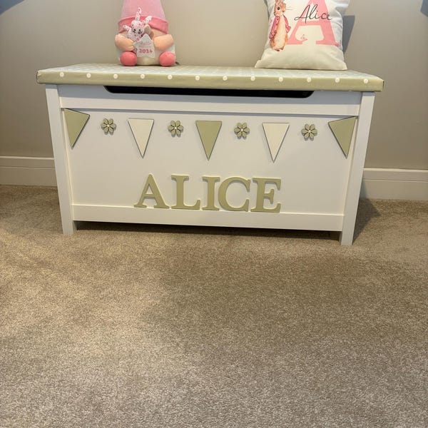 Wooden Personalised Toy Box With Safari Cushion Seat, Soft Close Hinge ...