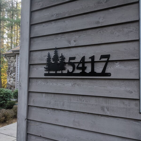 Metal House Numbers With Modern Pine Trees Custom Outdoor Address Sign ...