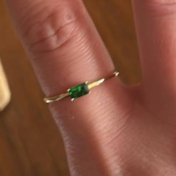 Baguette Emerald 14K Solid Gold Birthstone Ring, Dainty Birth Stone Solitaire Ring for Women ...