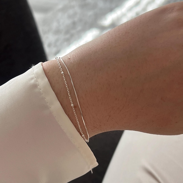 Double Layer Bracelet in Sterling Silver, Dainty Chain Satellite Chain ...
