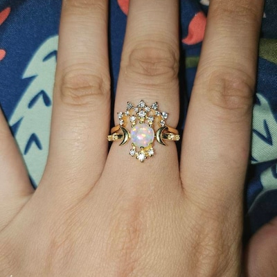 Fire Opal Engagement Ring Moon Design Yellow Gold Solitaire Wedding ...