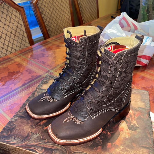 Botas Lacer - Tan Leather Laced Tooled Boots - Etsy