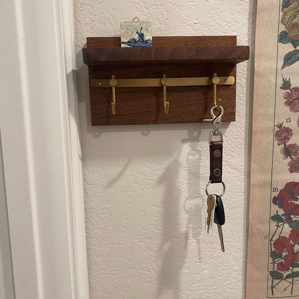 Modern Wood Key Rack, Walnut Key Holder With Brass Hooks, Entryway ...