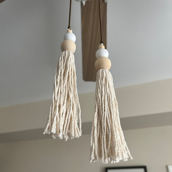 Macrame Medium White Bead Natural / Beige Tassel Fan and Light Pull ...