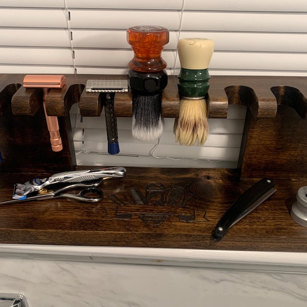 Safety Razor Shaving Brush Stand, Wood W/dark Cherry Stain up to 5 ...