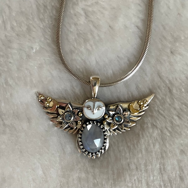 925 Sterling Silver and 18k Gold Owl Pendant - Natural Moonstone ...