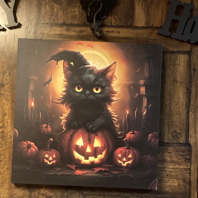 Cute Black Cat Halloween Canvas Print Wall Art Halloween Black Cats ...