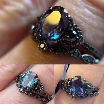 Vintage Oval Shape Alexandrite Black Engagement Ring Set, 18K Black ...