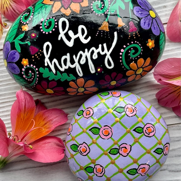Be Happy Floral Rock - Etsy
