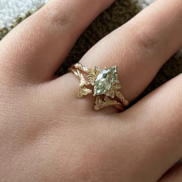 Vintage Green Sapphire Engagement Ring Set Nature Inspired Leaf ...