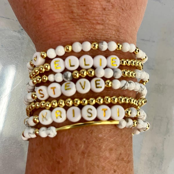 Custom Beaded Name Bracelet, Personalized Word Bracelet Stack, Kids Name Stretch Bracelet, Mama ...