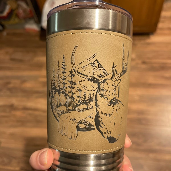 Engraved Deer in the Mountains or Deer Head on Leather Wrapped Travel ...