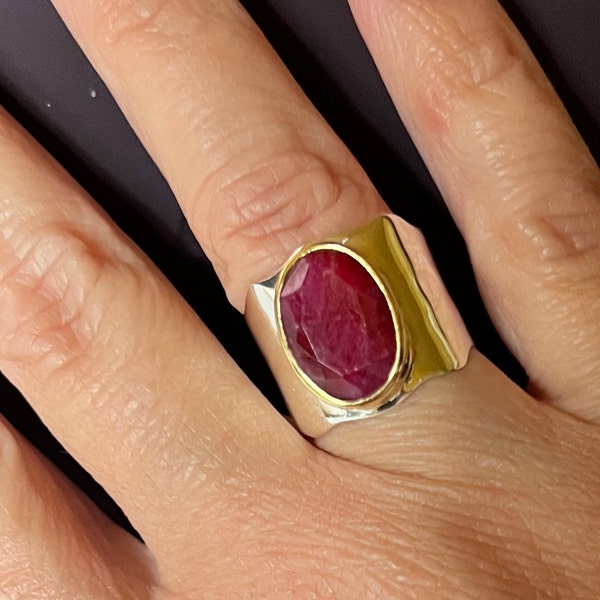 Indian Ruby Ring Faceted Oval Ruby Ring Ruby Two Tone Ring Ruby ...