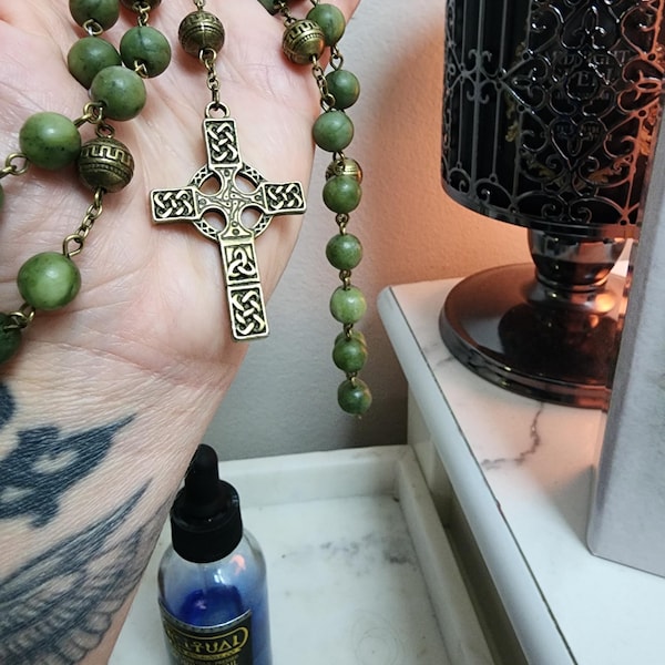 Handmade Catholic Rosary: Green Jade Beads, Celtic Cross, Scottish ...