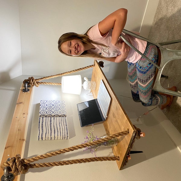 Rope & Pipe Desk - Farmhouse Suspended Wood - Wall Mounted - Standing ...