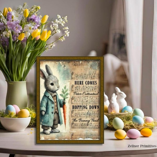 Primitive Farmhouse Peter Cottontail Bunny Rabbit Printable Jpeg ...