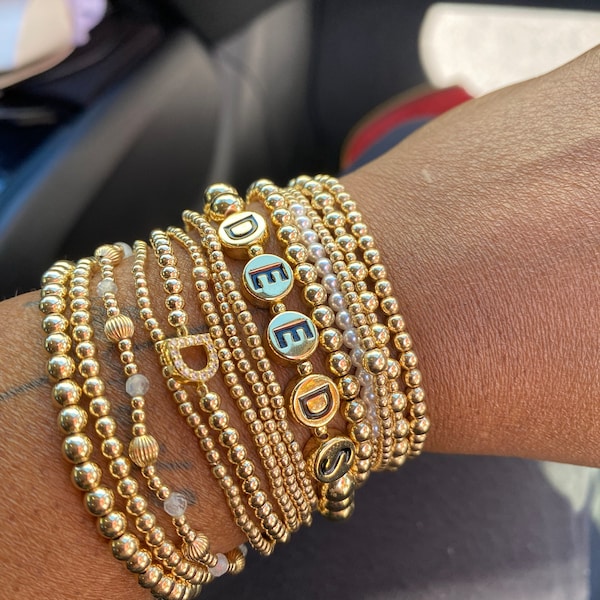 2mm 14k Gold Filled Gold and Pearl Beaded Bracelet Stack • Dainty ...