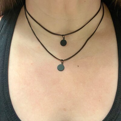 Black Coin Womens Necklace, Black Chain Disk Pendant, Matte Black ...