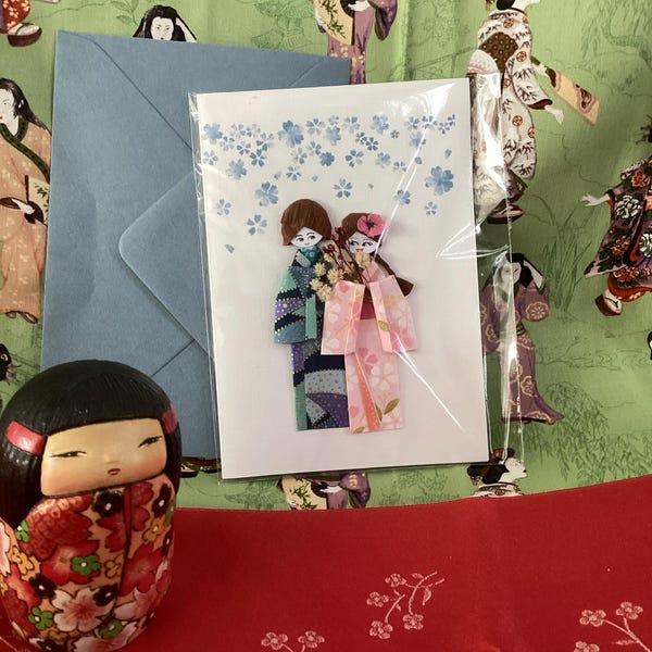Japanese Style Greetings Card Maiko Turquoise Kimono and Blossoms - Etsy