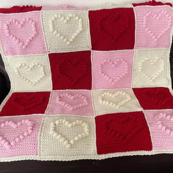 Crochet Heart Bobble Stitch Blanket Pattern: Easy Hearts Afghan (PDF ...
