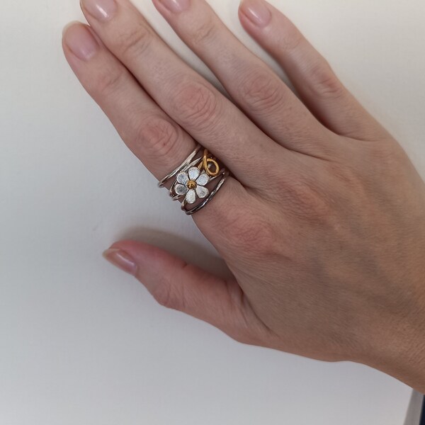 Wide Silver Daisy Ring, Roller Coaster Ring, Sterling Silver Ring, Art ...