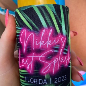 Leafy Palm Neon Custom Text Can Coolers for Bachelorette Party Favors ...