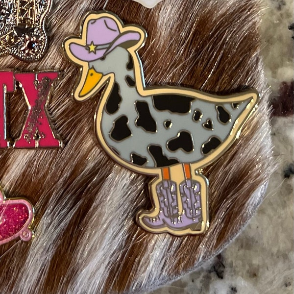Pink Cow Cowgirl Duck Enamel Gold Pin - Western Duck in Cowboy Boots ...