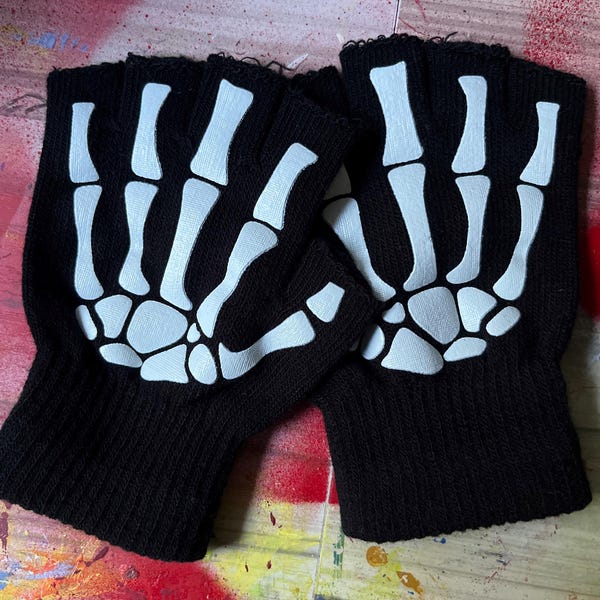 Skeleton Hand Bone Acrylic Emo Goth Spooky Fingerless Gloves ( Short ...