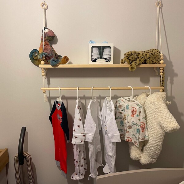 Nursery Shelf With Clothes Rail, Baby Swing Shelf, Pine Shelf, Rope ...