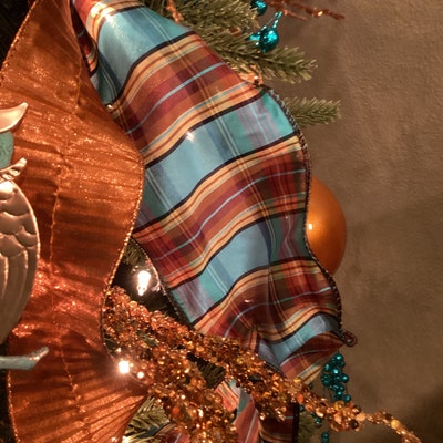 2.5 or 4 Turquoise Plaid Dupioni Ribbon Faux Silk Wired Edges 10 Yard ...